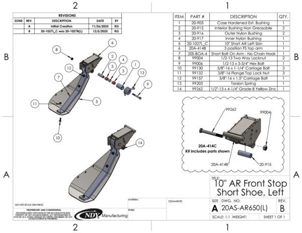 Stalk Stomper, Left, Front Stop Arm and Shoe Assembly - NDY Manufacturing
